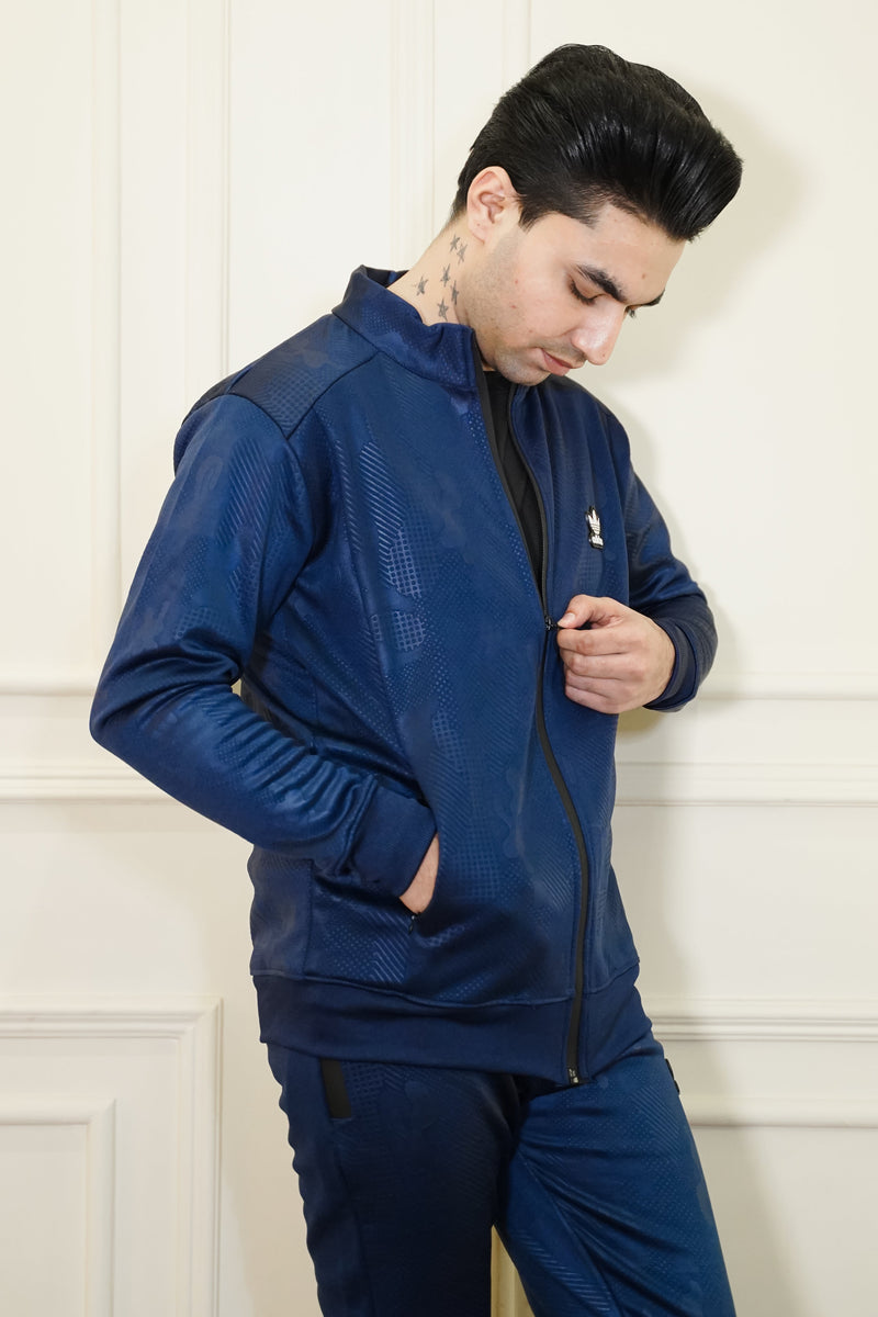 Navy Blue 3D Printed Mock Neck Tracksuit – VOLGUN