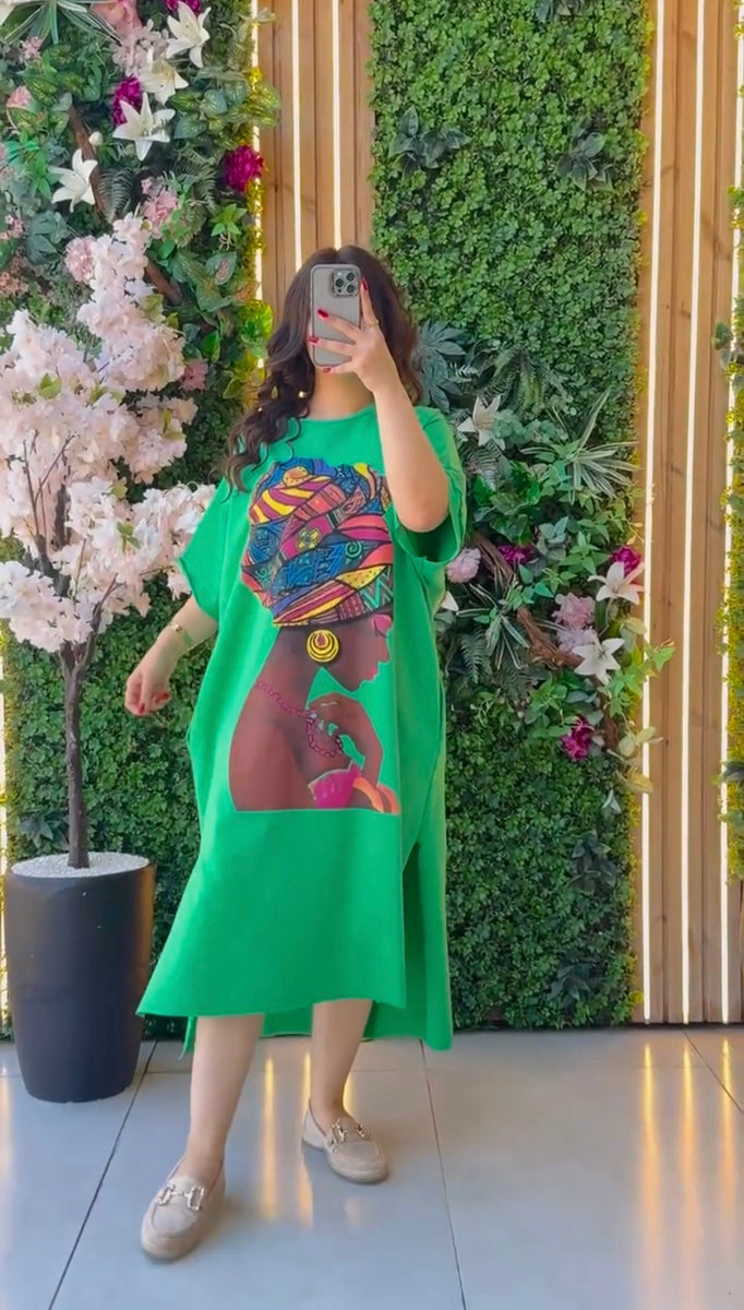 Green Drop Shoulder Printed Long Top – VOLGUN